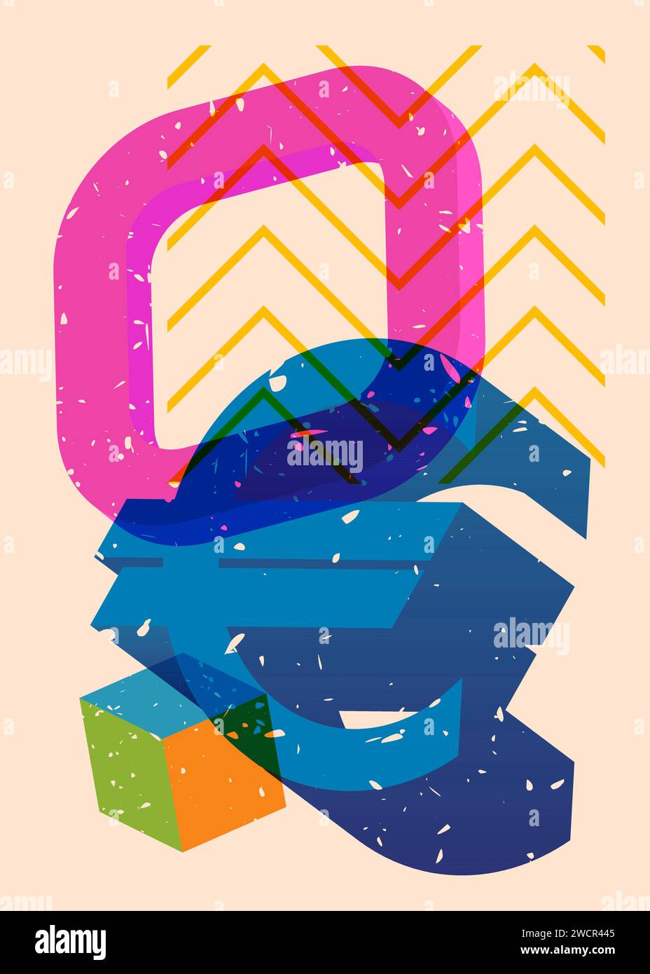 Risograph Euro sign, Currency Symbol with geometric shapes. Objects in ...