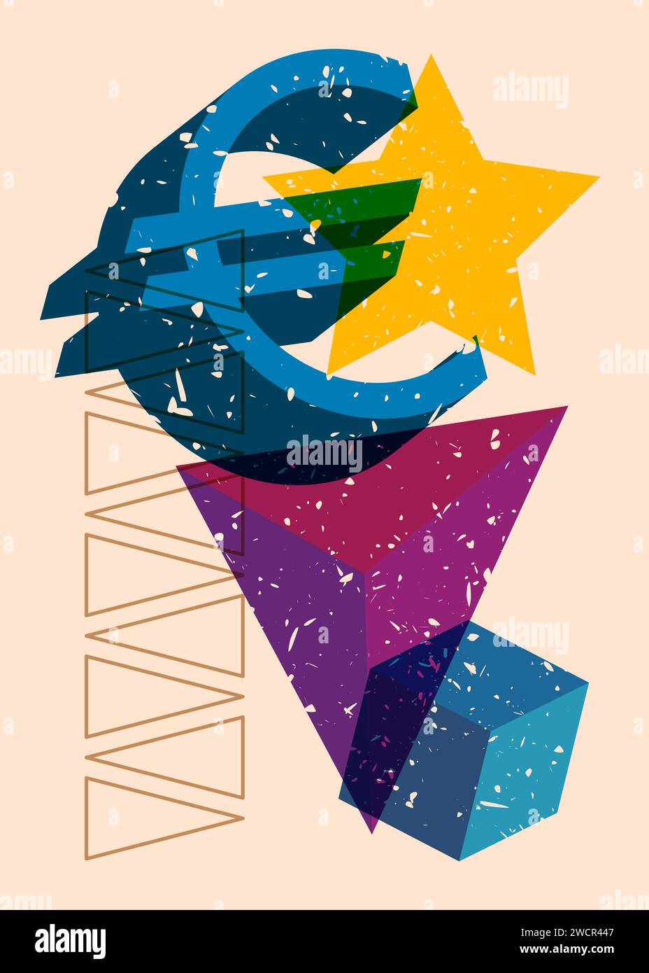 Risograph Euro sign, Currency Symbol with geometric shapes. Objects in ...