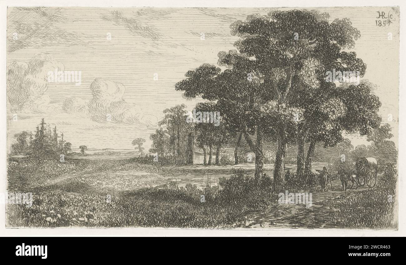 Tree -rich landscape with covered wagon, Hermanus Jan Hendrik ...