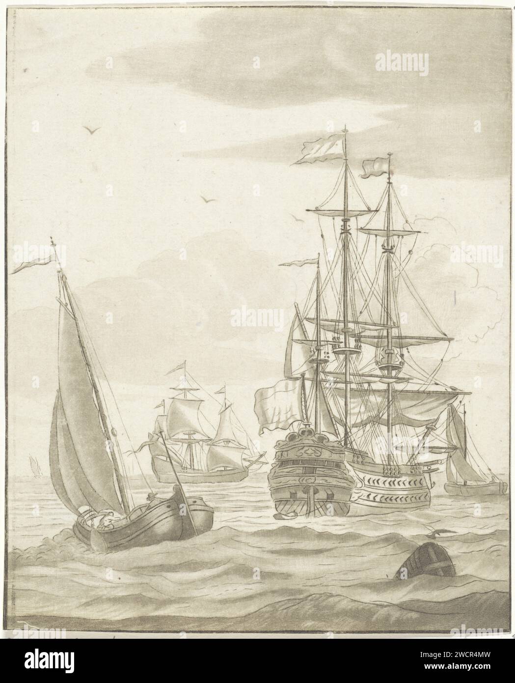 Warship and three sailing ships on the high seas, Bernhard Schreuder ...