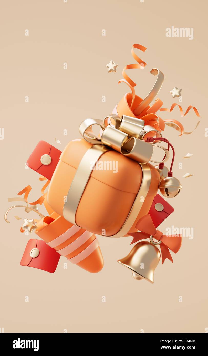 Gift box with celebrating elements, 3d rendering. 3D illustration Stock ...
