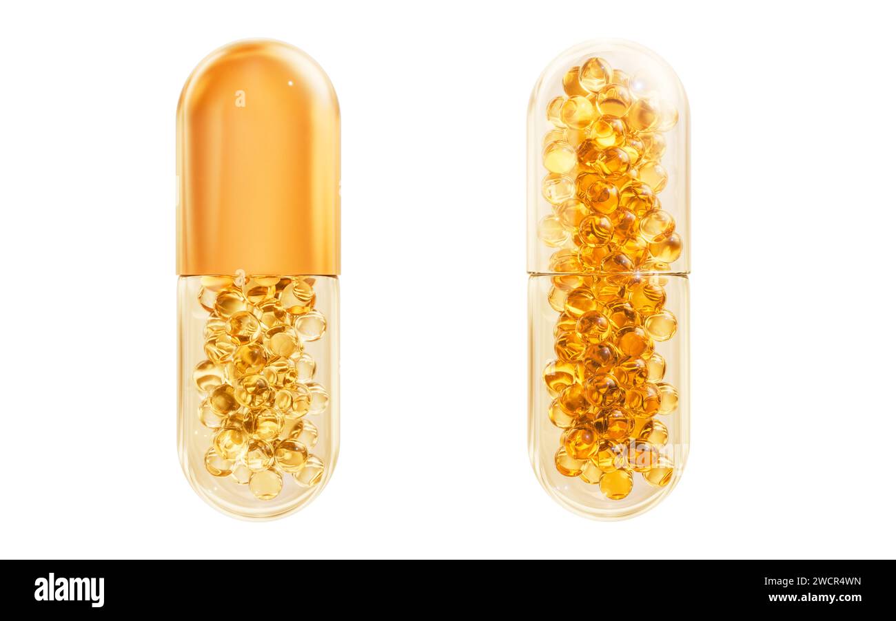 Golden capsule with biological concept, 3d rendering. 3D illustration ...