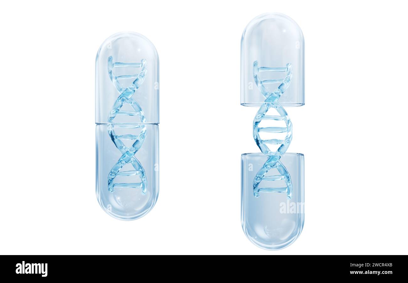 Medical capsule with DNA inside, 3d rendering. 3D illustration Stock ...