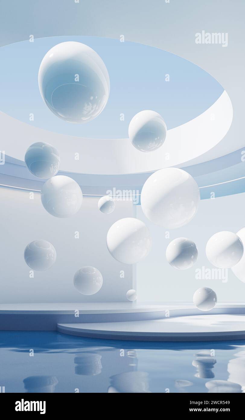 Floating balls and water surface background, 3d rendering. 3D ...