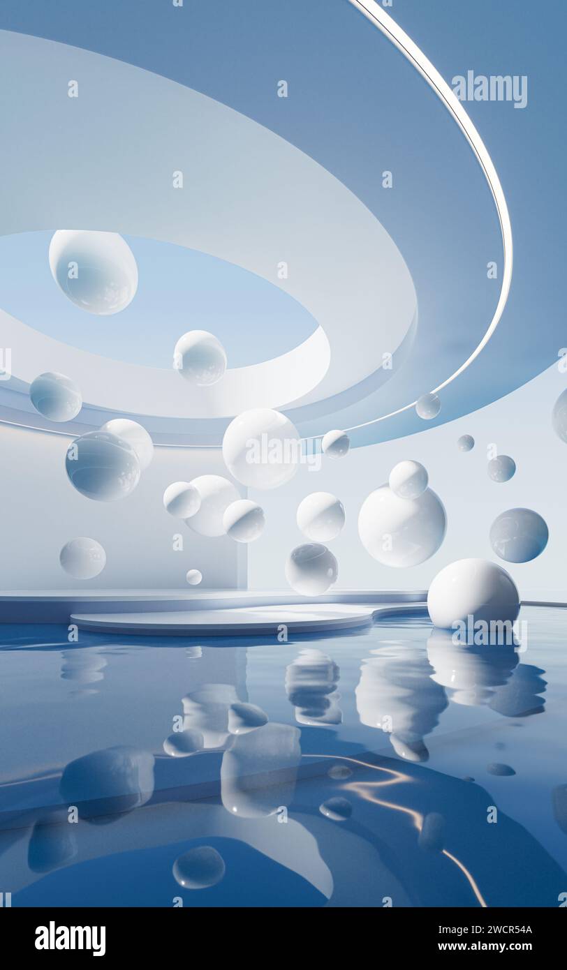 Floating balls and water surface background, 3d rendering. 3D ...