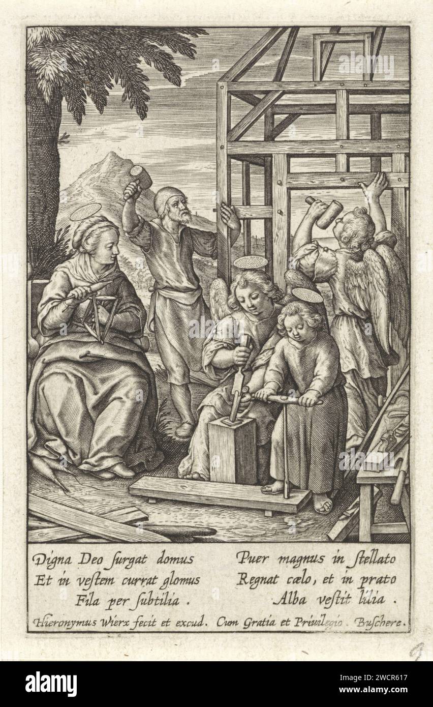 Christkind builds a house, Hieronymus Wierix, 1563 - Before 1619 print The Christ child drills a ...