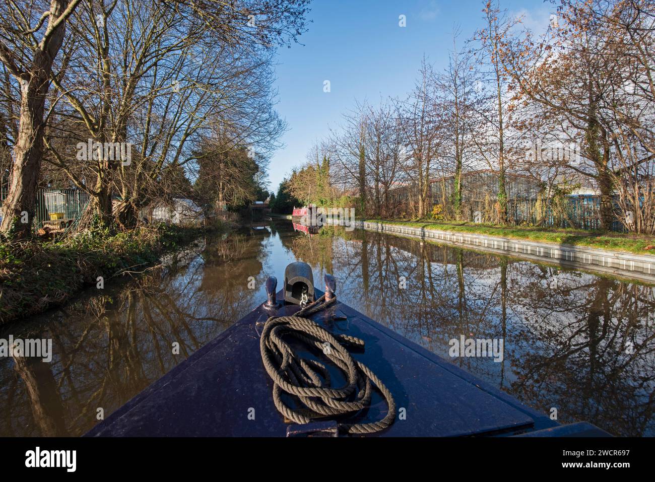 View from a narrowboat travelling in English rural countryside scenery ...