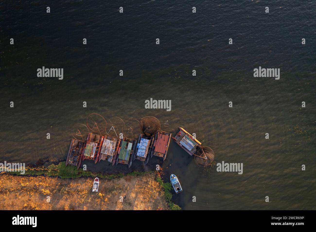 Kapenta fishing boats can be seen moored on Lake Kariba, Zimbabwe Stock ...