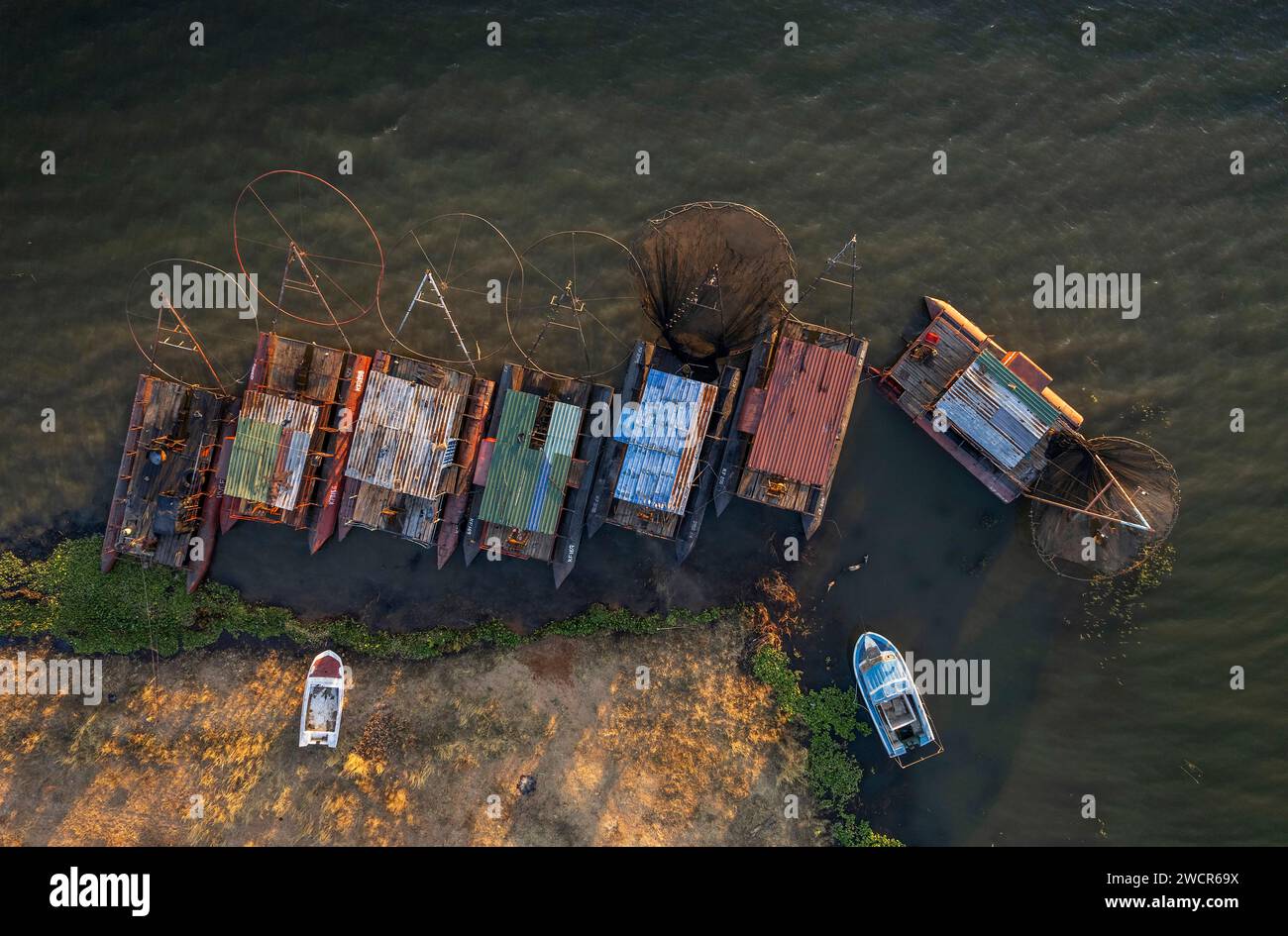 Kapenta fishing boats can be seen moored on Lake Kariba, Zimbabwe Stock ...