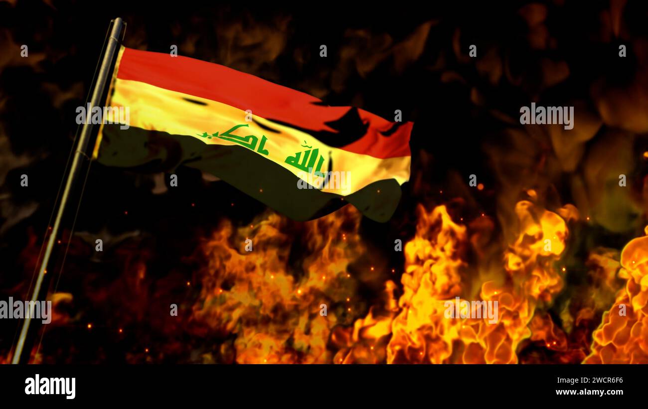 flag of Iraq on burning fire background - hard times concept - abstract ...