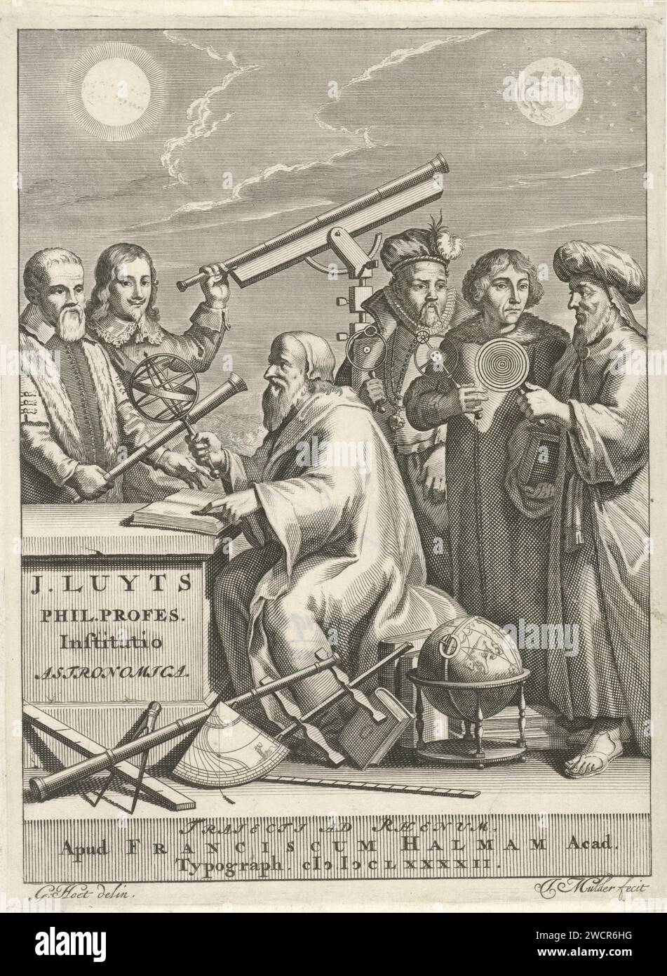 Six astronomers, Joseph Mulder, after Gerard Hoet (I), 1692 print From ...