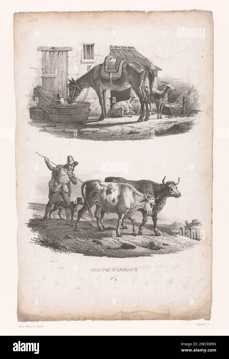 Horse with two goats and shepherd with two bulls, Joseph Louis Leborne, 1828 - 1829 print Paris ...