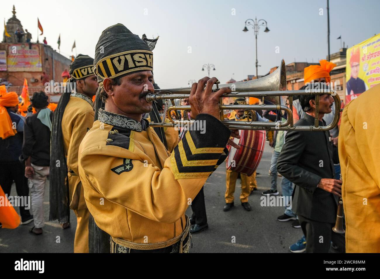 Jaipur, India - December 31, 2023: A musician playing the trumpet at a ...