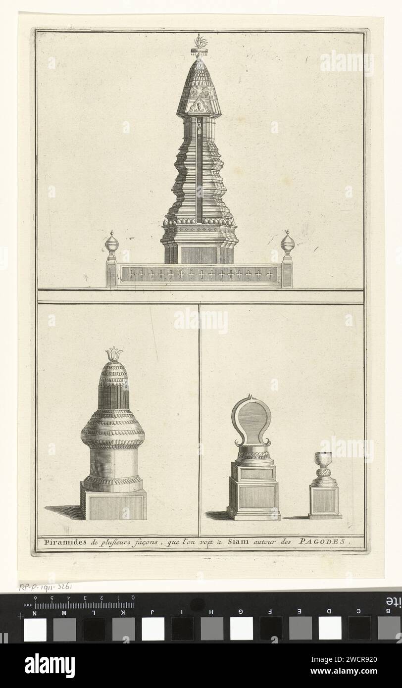 Piramids shipped Siam, Bernard Picart, 1726 print Leaf with three ...