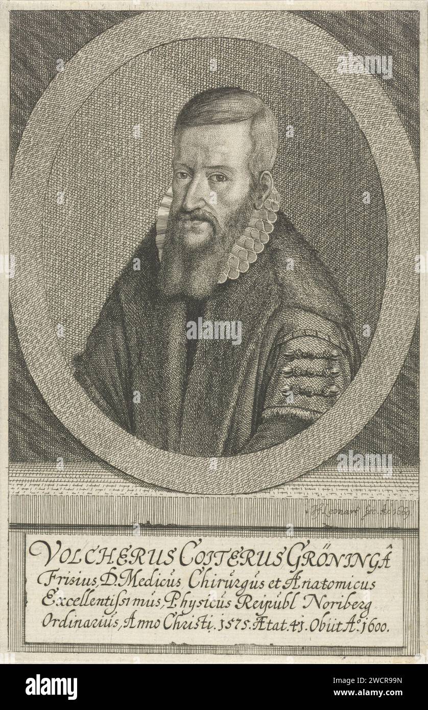 Portrait van Volcher Coiterus, Johann Friedrich Leonard, 1669 print ...
