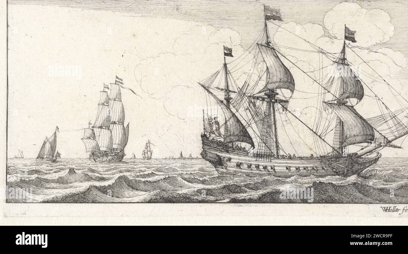 War ship with four sails hoisted, Wencslaus Hollar, 1627 - 1636 print ...