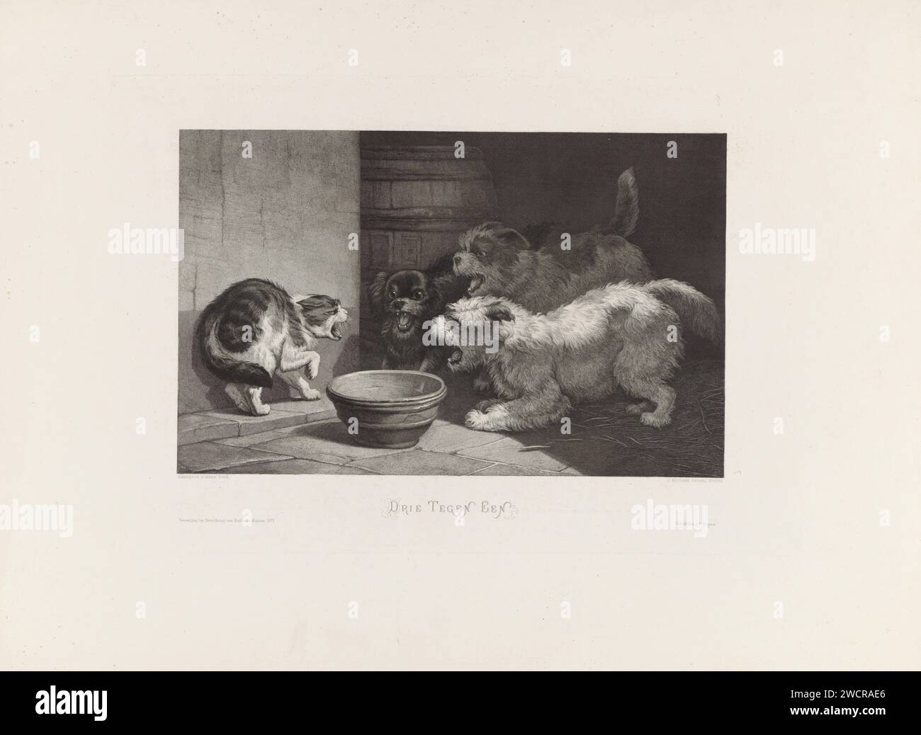 Blowing cat and three barking dogs at a dish, Edouard Taurel, After ...