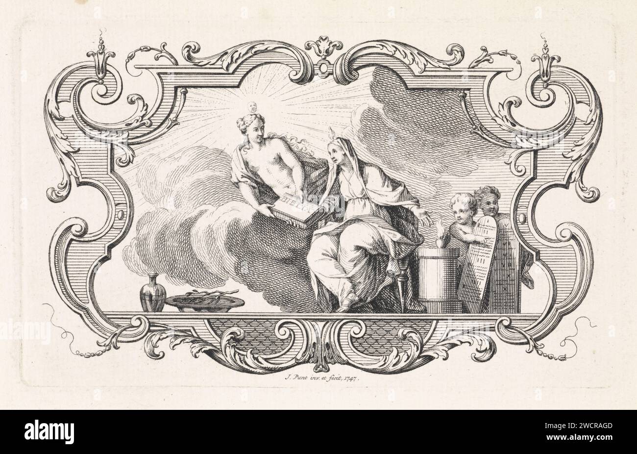 Vignette with faith and truth, Jan Punt, 1747 print Faith gives a Bible ...