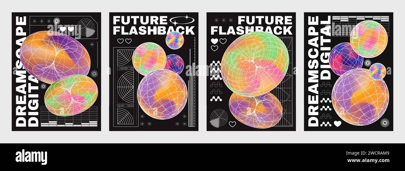Y2k retro style poster and cover design template with wireframe circle ...