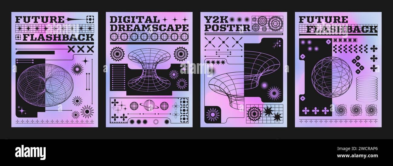 Y2k techno style poster design layout with grid abstract simple shapes ...