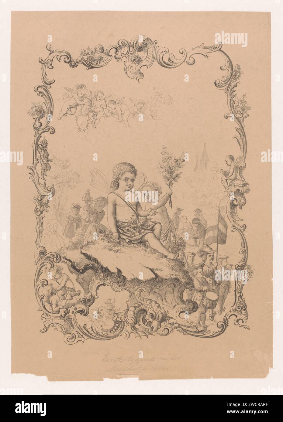 Children and Putti, Wilhelmus Petrus van Geldorp, 1870 print On a hill ...