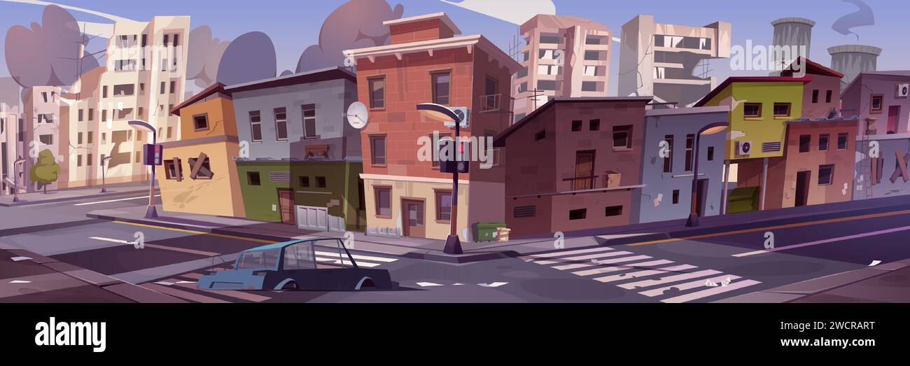 Abandoned ruin city with broken buildings, car and roads. Cartoon vector apocalyptic cityscape ...
