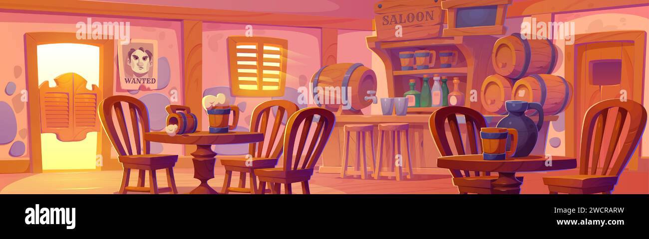 Western saloon interior design. Vector cartoon illustration of retro ...