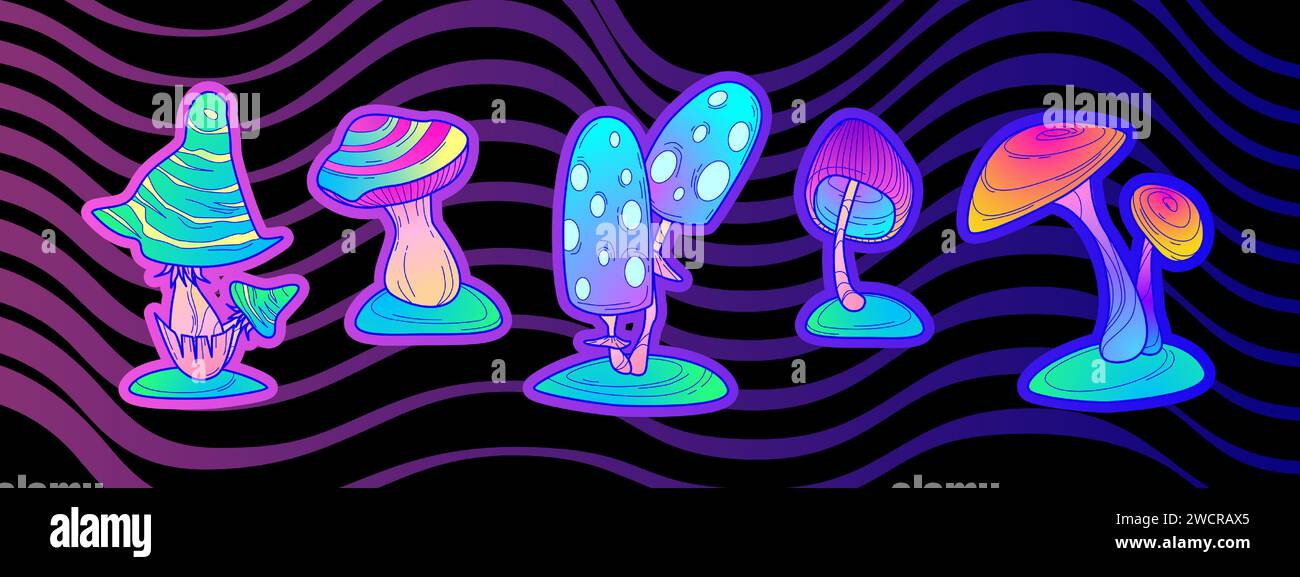 Groovy mushroom stickers set isolated on black background. Contemporary ...