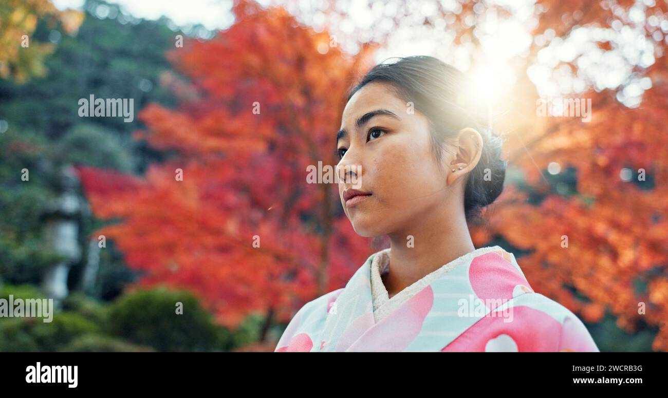 Woman in park, Asian and peace, thinking about life with reflection and ...