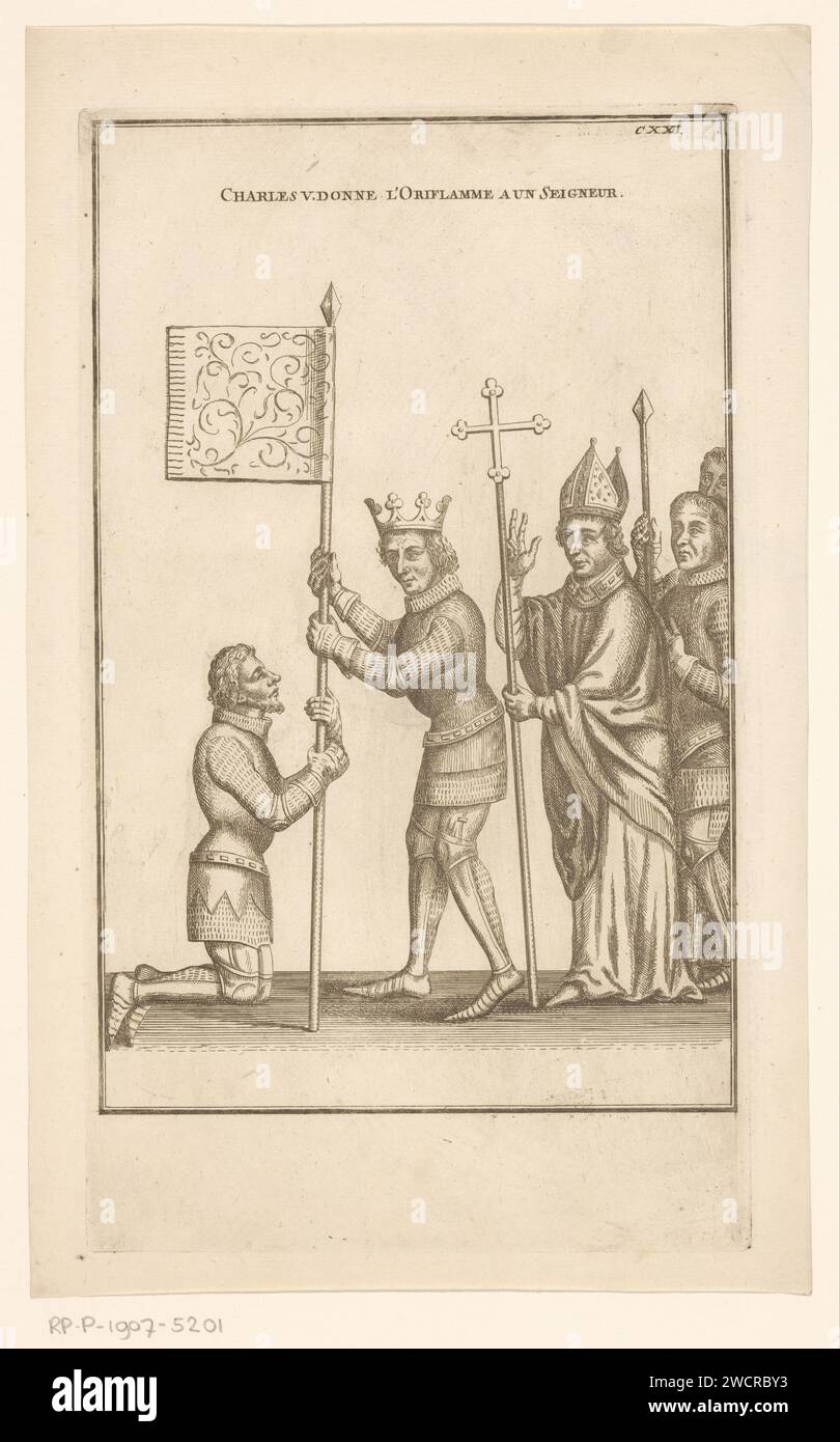 King Charles V gives a banner to a knight, Dominique Sornique ...