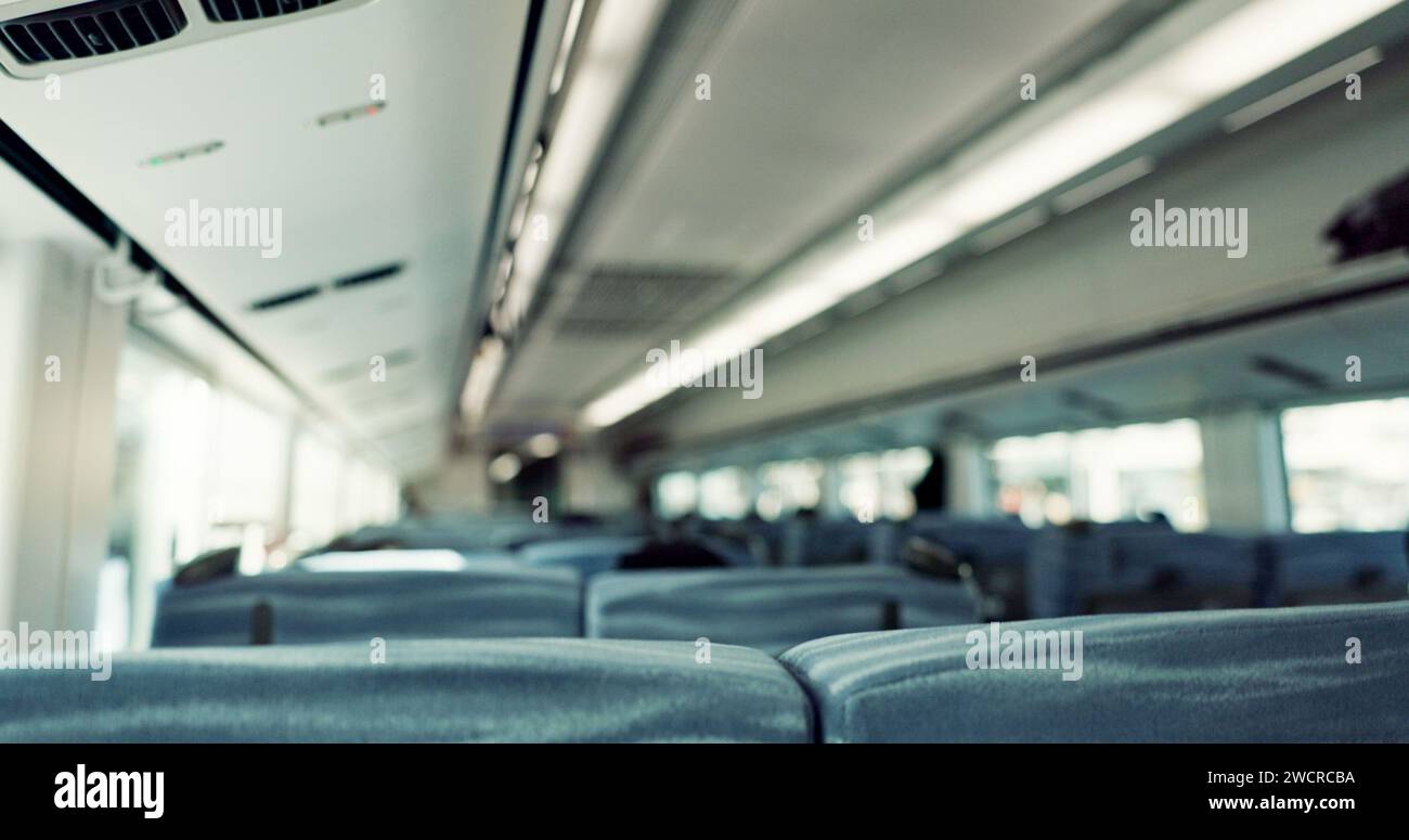 Empty train interior, seats and transport with moving, window and ...