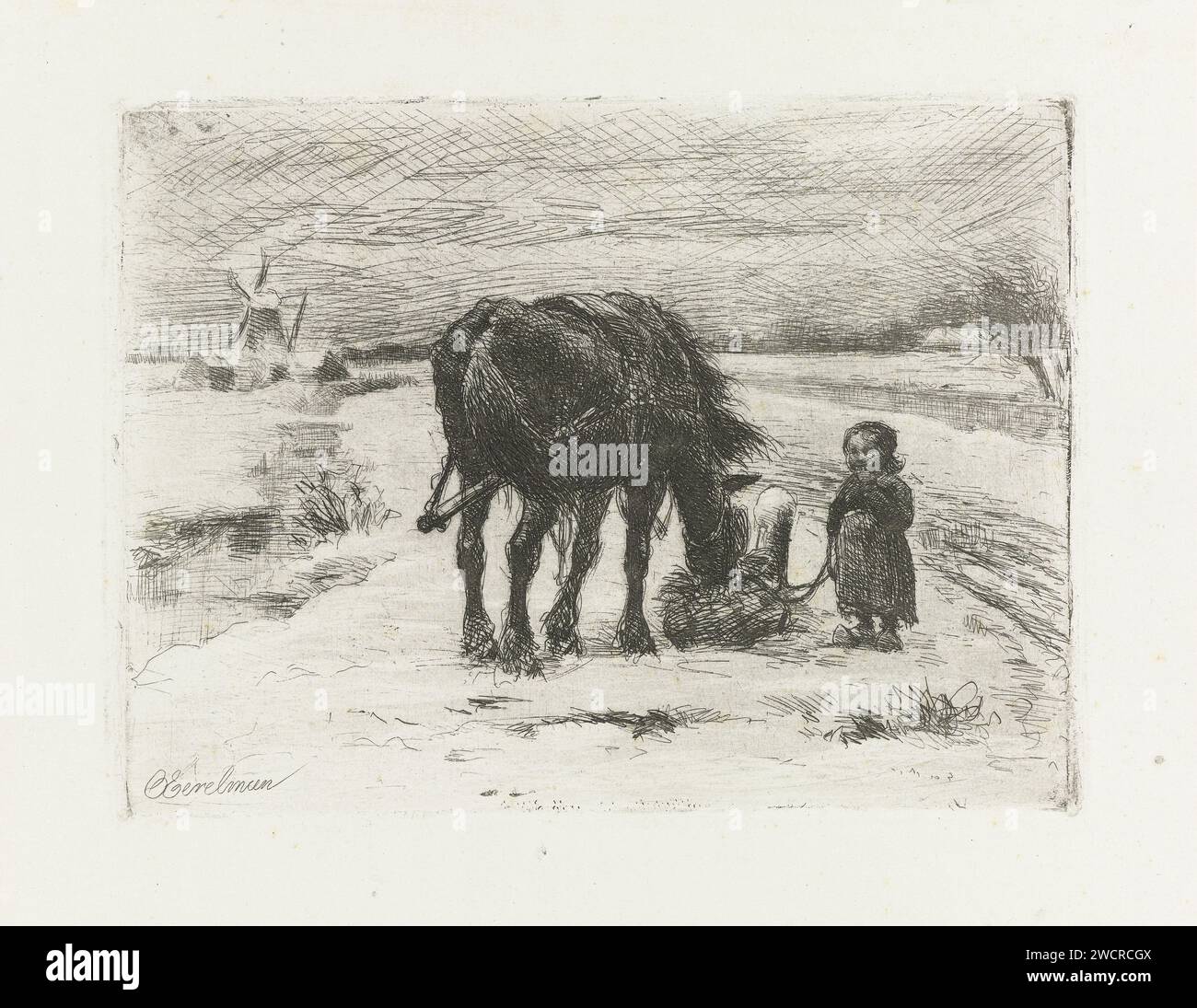 Snow landscape with child and horse, Otto Eerelman, 1849 - 1892 print ...