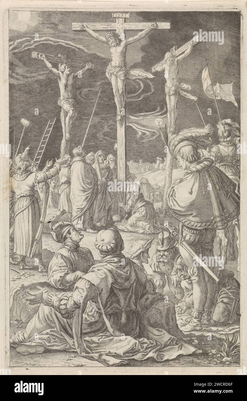 Kruisiging, anonymous, after Hendrick Goltzius, 1596 - 1667 print Christ on the cross between ...