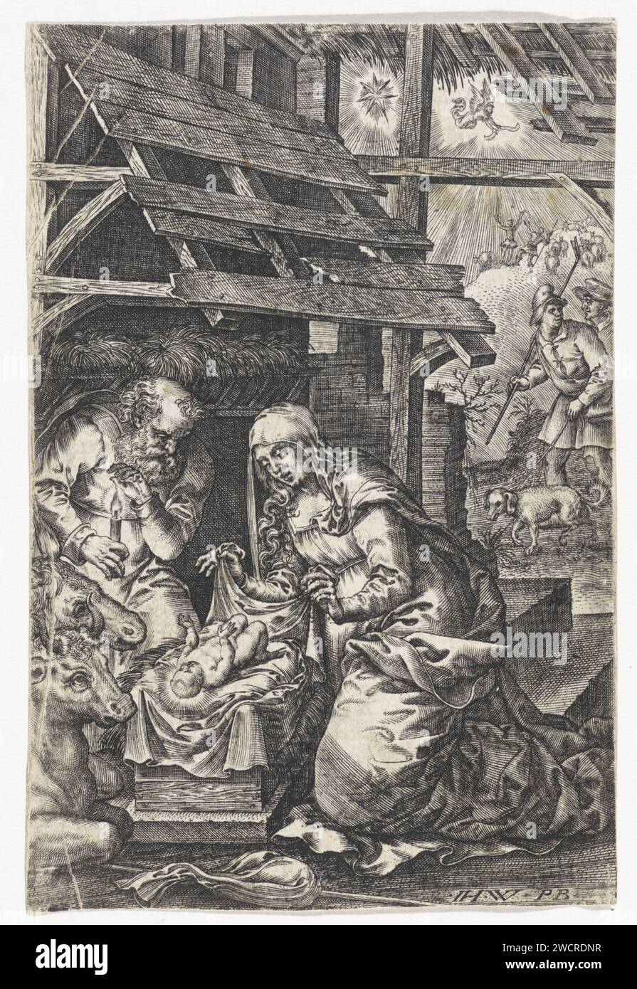 Birth of Christ, Johannes Wierix, after Pieter van der Borcht (I), 1573 print Maria lays a sheet ...