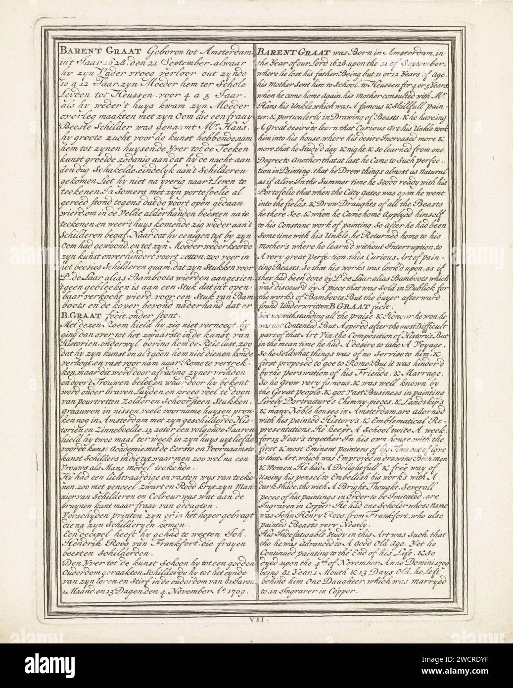 Biography of artist Barend Graat, Matthijs Pool, 1727 text sheet. print ...
