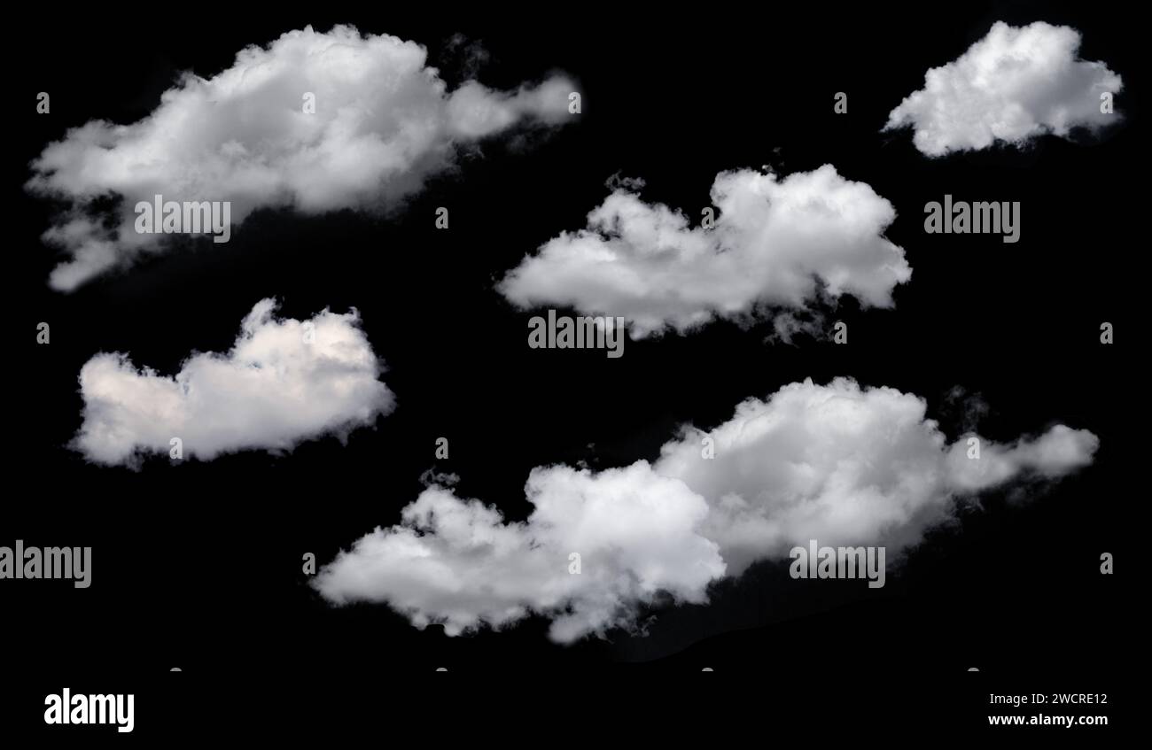 Set collection of white long cumulus clouds isolated on black ...