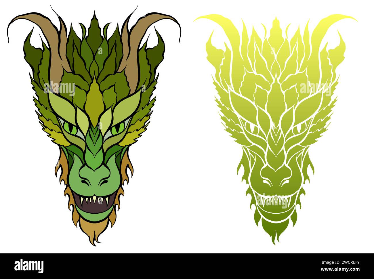Vector set of colorful illustration and green silhouette of a roaring ...