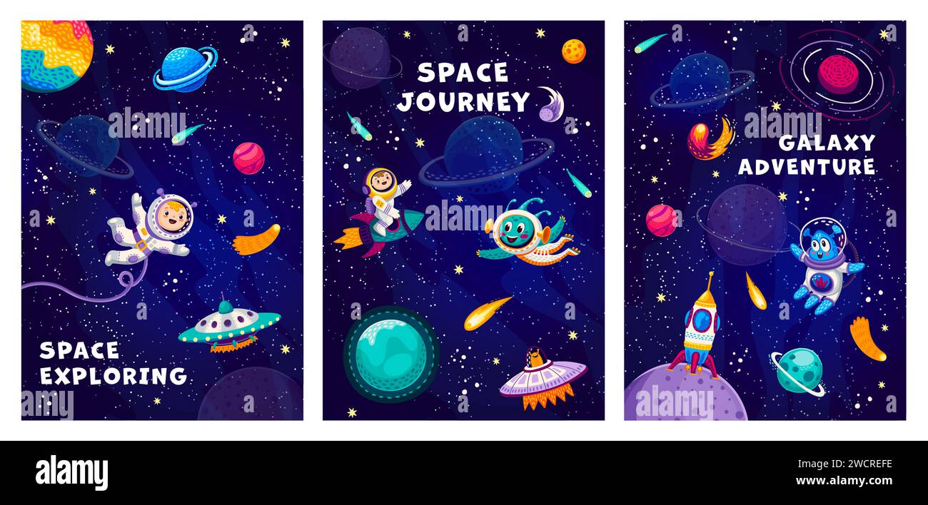 Space posters with cartoon characters and starry galaxy landscape ...