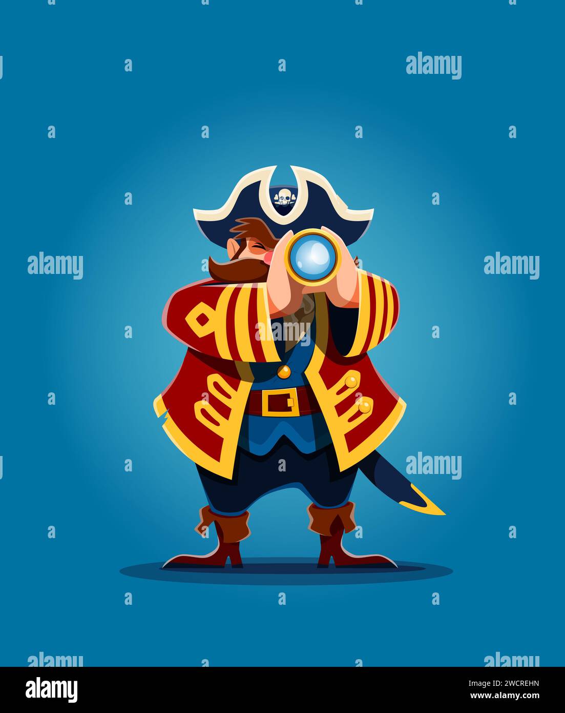 Cartoon pirate captain with spyglass, funny corsair sailor character ...