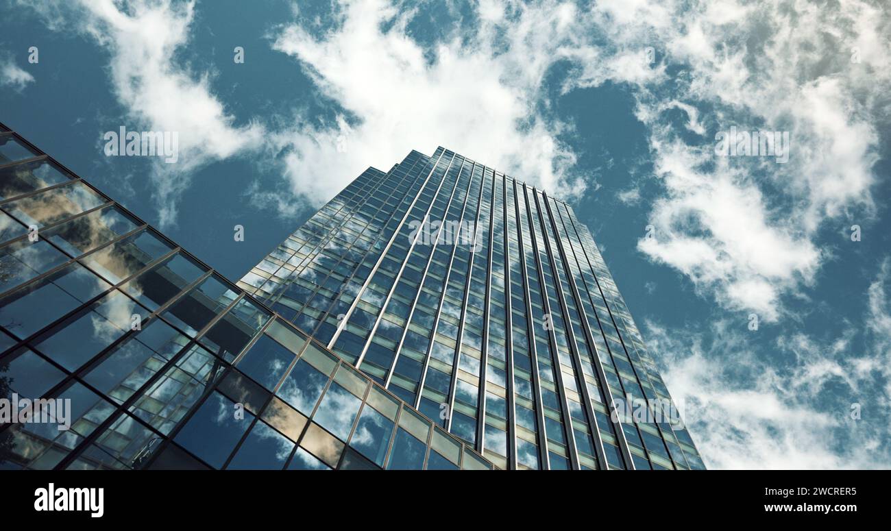 Low angle, skyscraper building and clouds with reflection, nature or ...