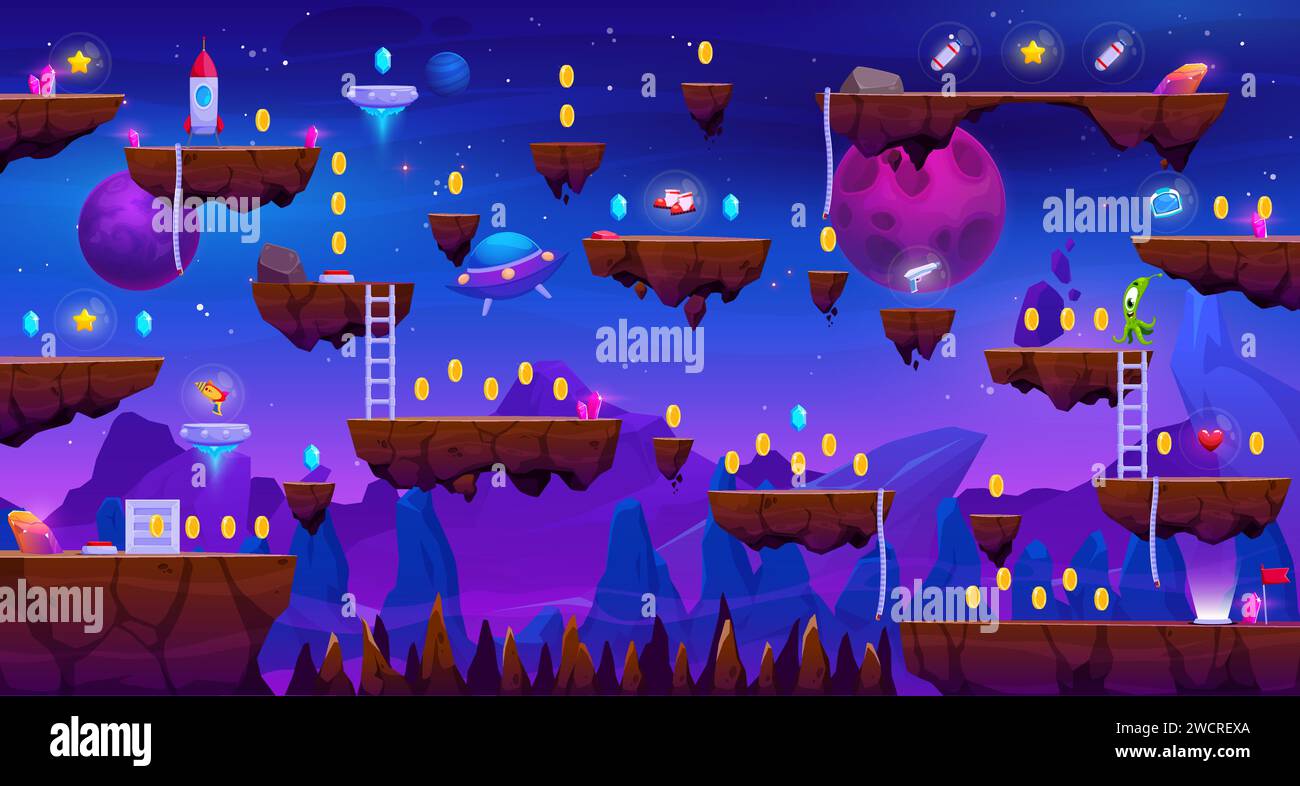 Arcade dark space planet game level map, vector interface with UFO and ...