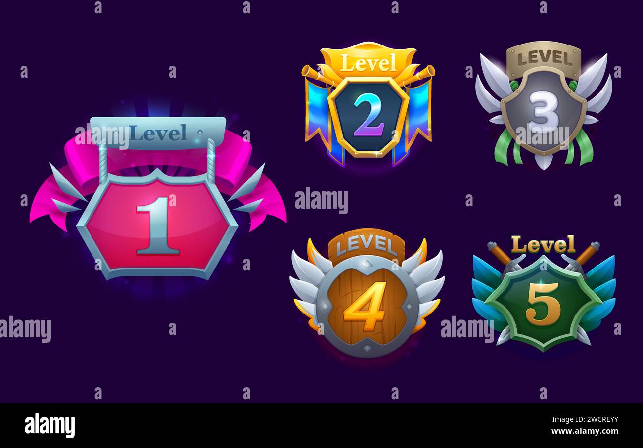 Game level badges, cartoon vector reward icons featuring wooden or ...