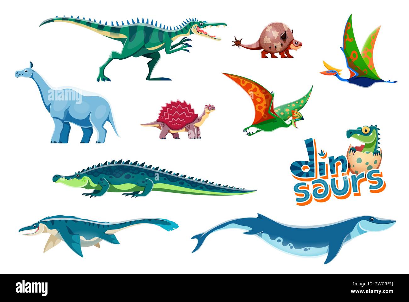Cartoon dinosaurs childish personages. Baryonyx, Doedicurus ...