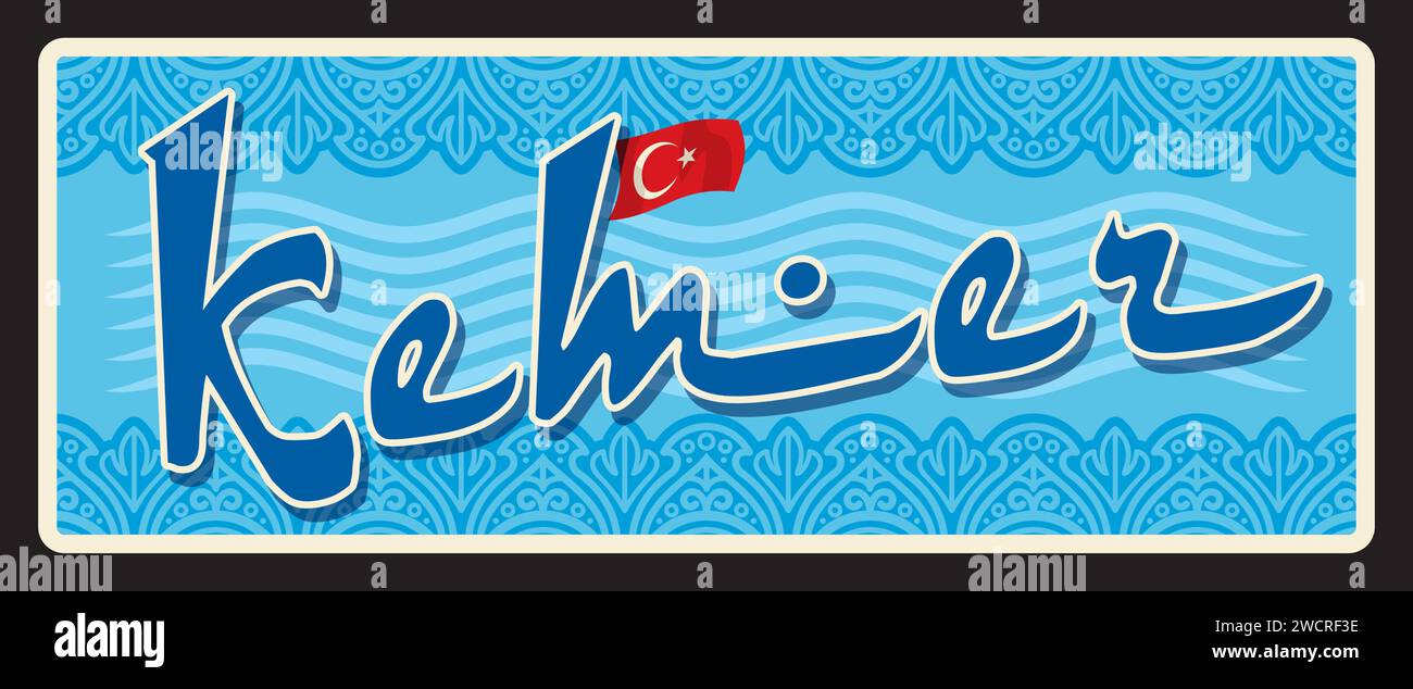 Kemer Turkish city travel sticker and plate, vector luggage tag. Turkey ...