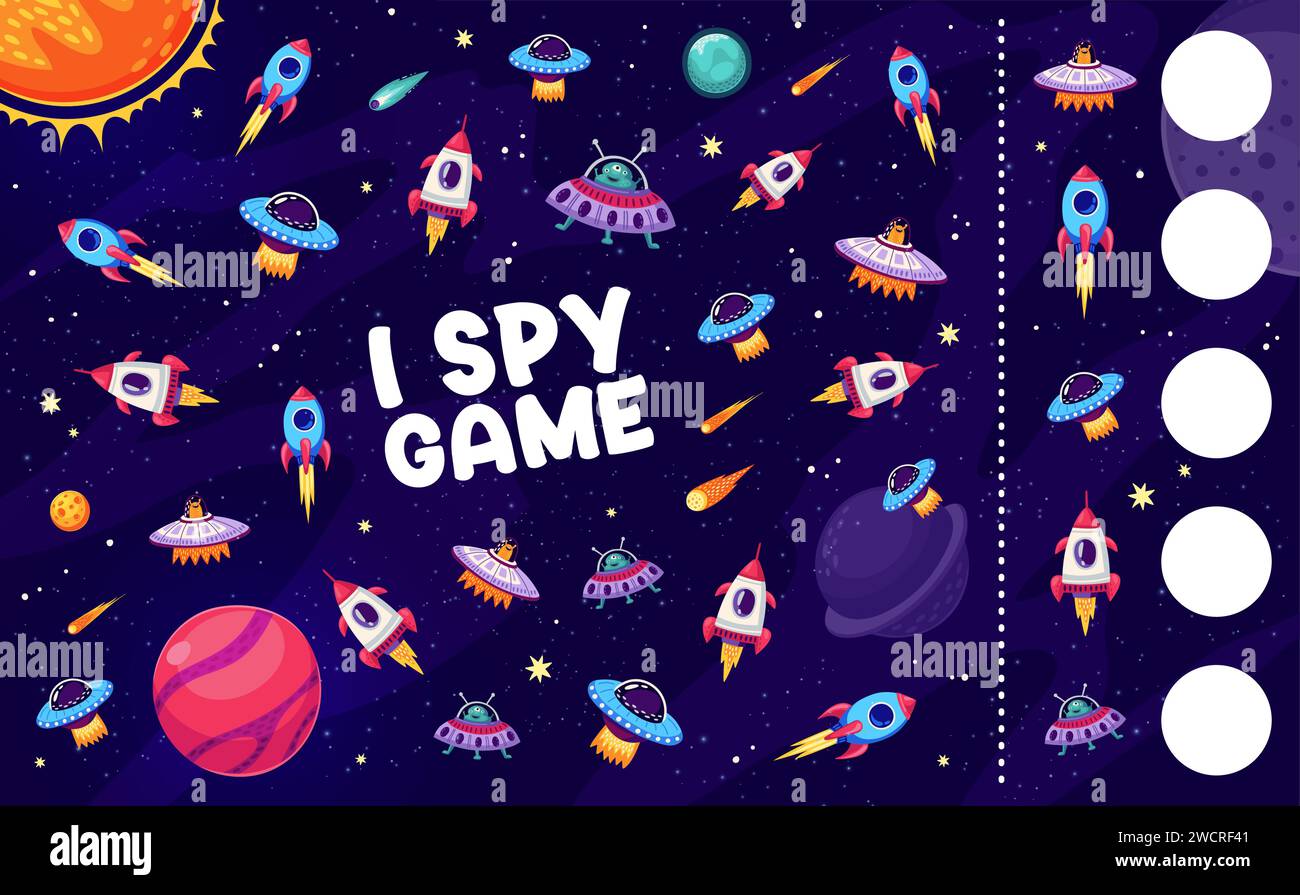 I spy game worksheet with space rockets, planets, UFO and aliens ...