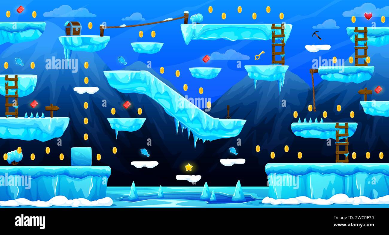 Arcade iced world game level map interface with key and golden coins ...