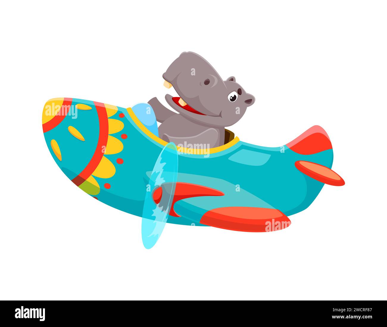 Baby animal character on plane. Cartoon animal hippo kid airplane pilot ...