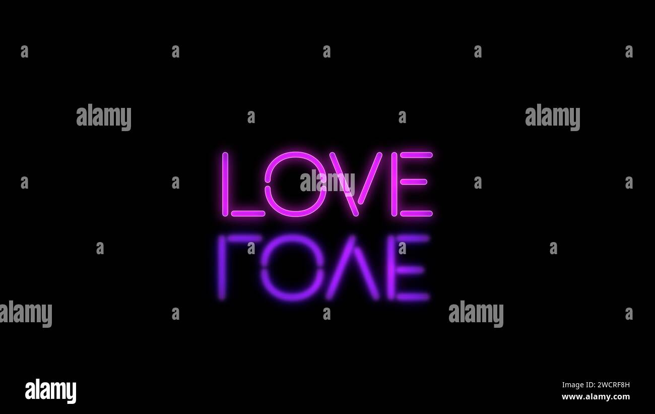 Neon glowing word 'LOVE' on a black background with reflections on a ...