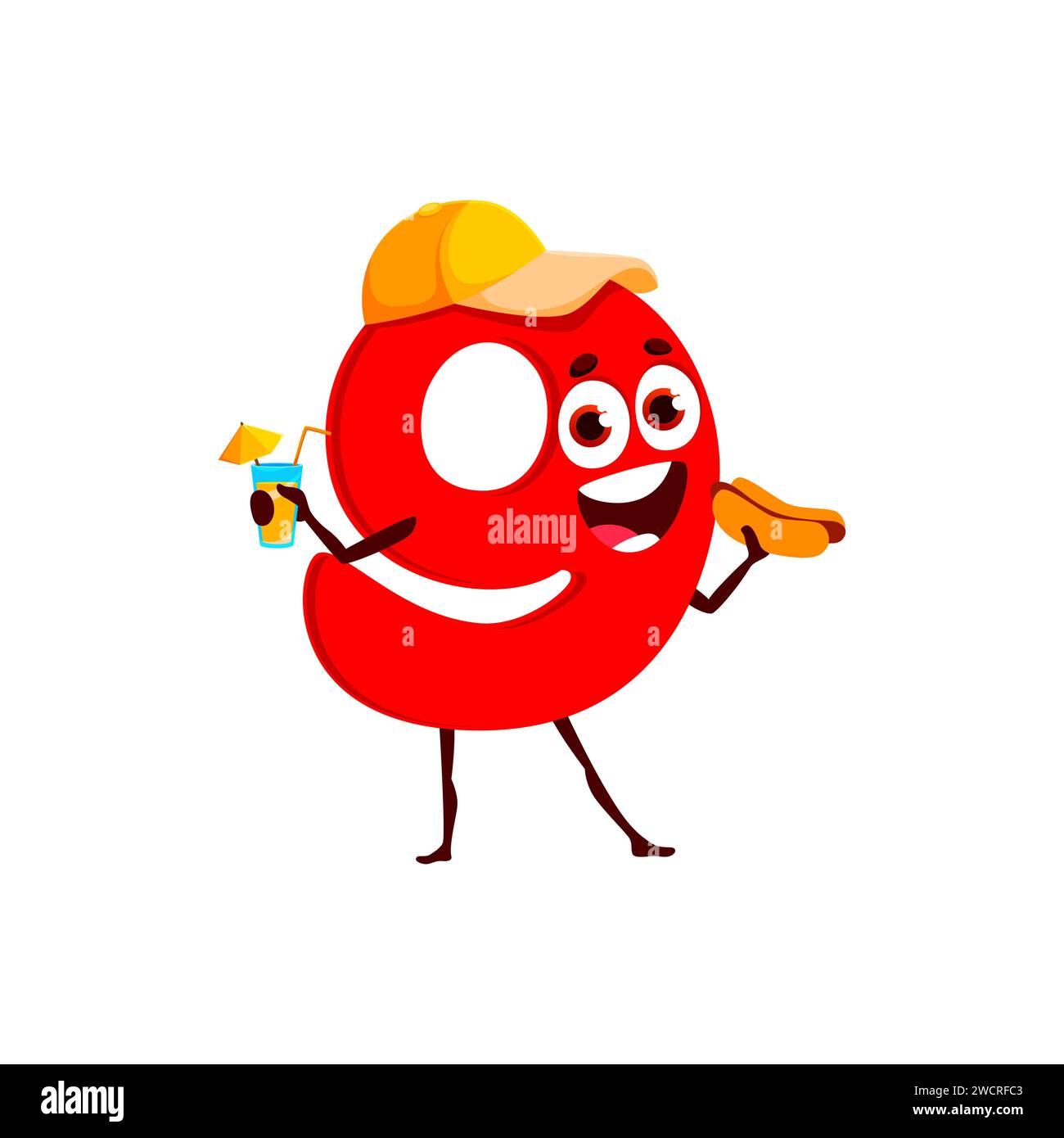 Cartoon funny math number nine character enjoying street food and drink ...