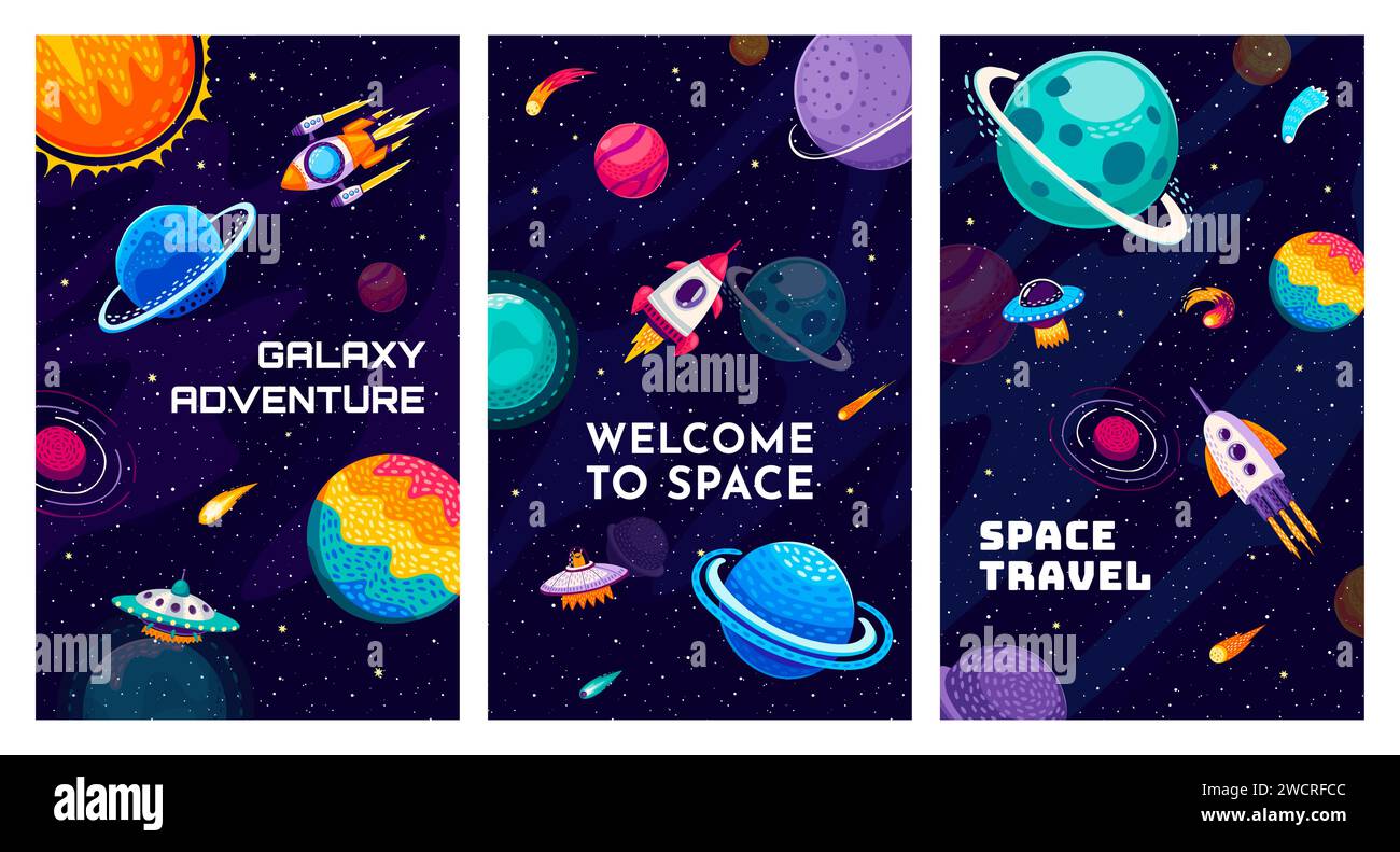 Space banners with galaxy landscape, flying rockets, planets, stars ...